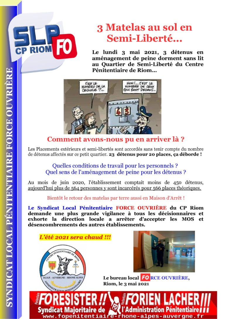 CP Riom : 3 matelas au sol au QSL – FO Justice Lyon