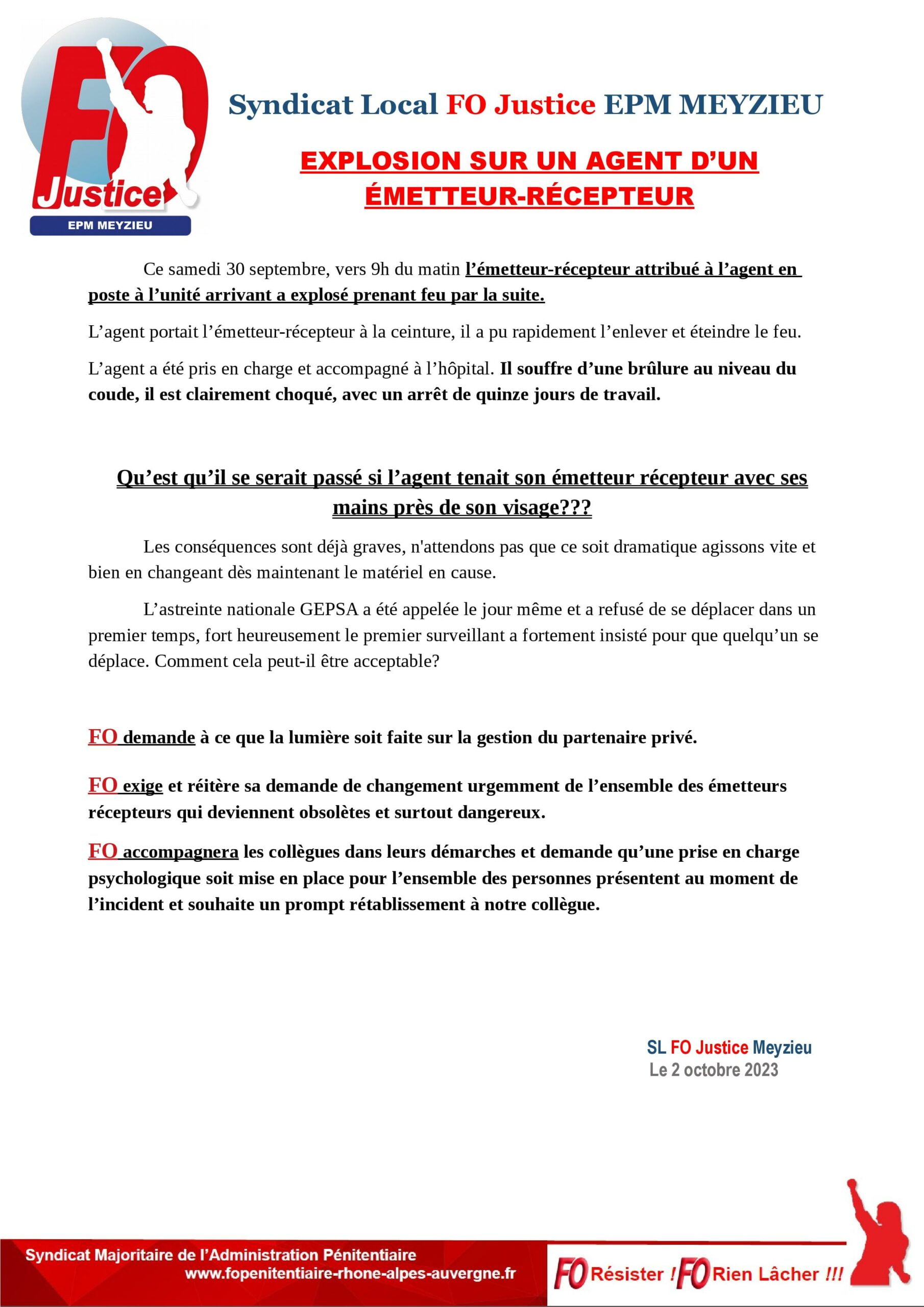 EPM de Meyzieu : Explosion d’un émetteur-récepteur sur un Agent ! – FO ...