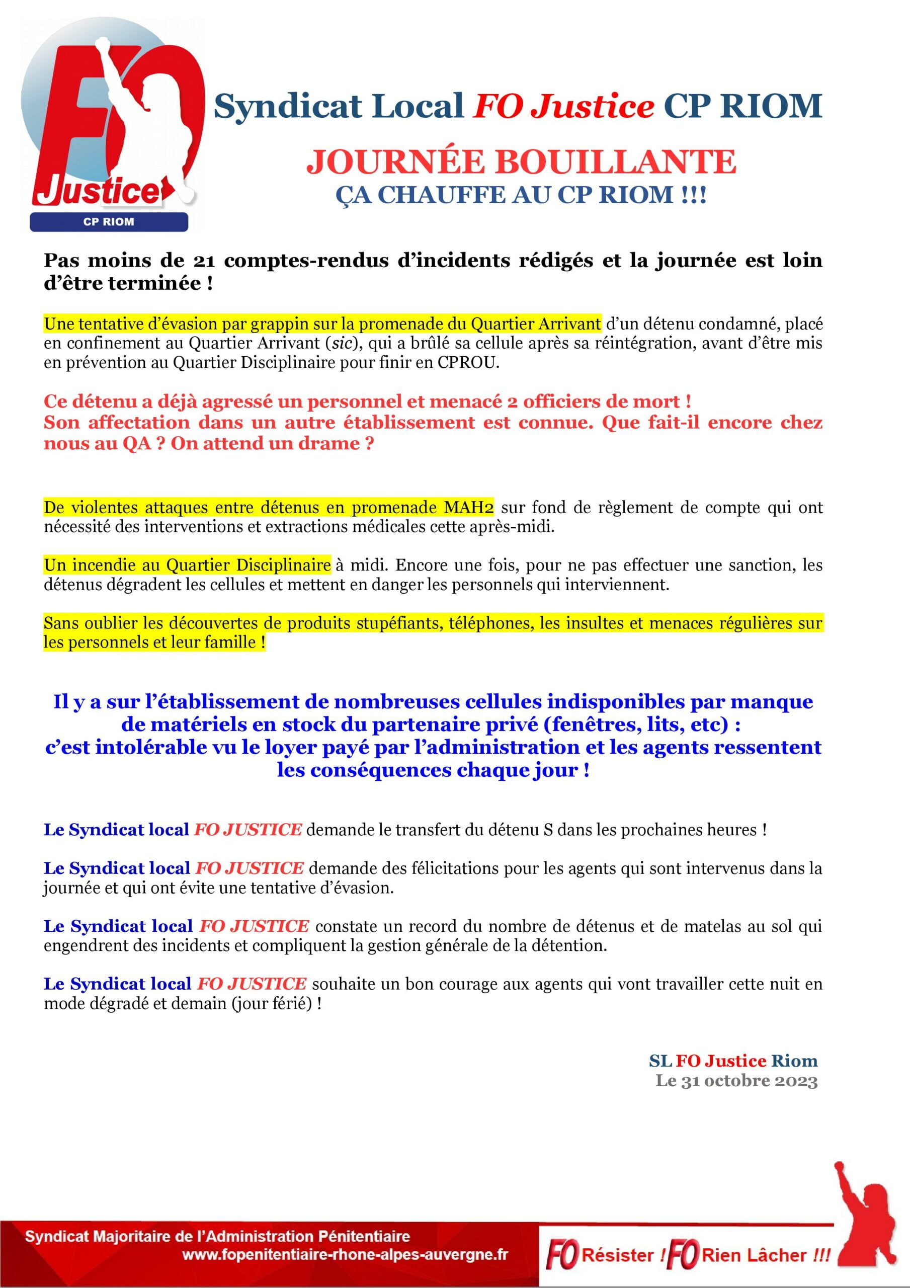 Prison de Riom : Journée Bouillante ! Ça chauffe au Centre ...