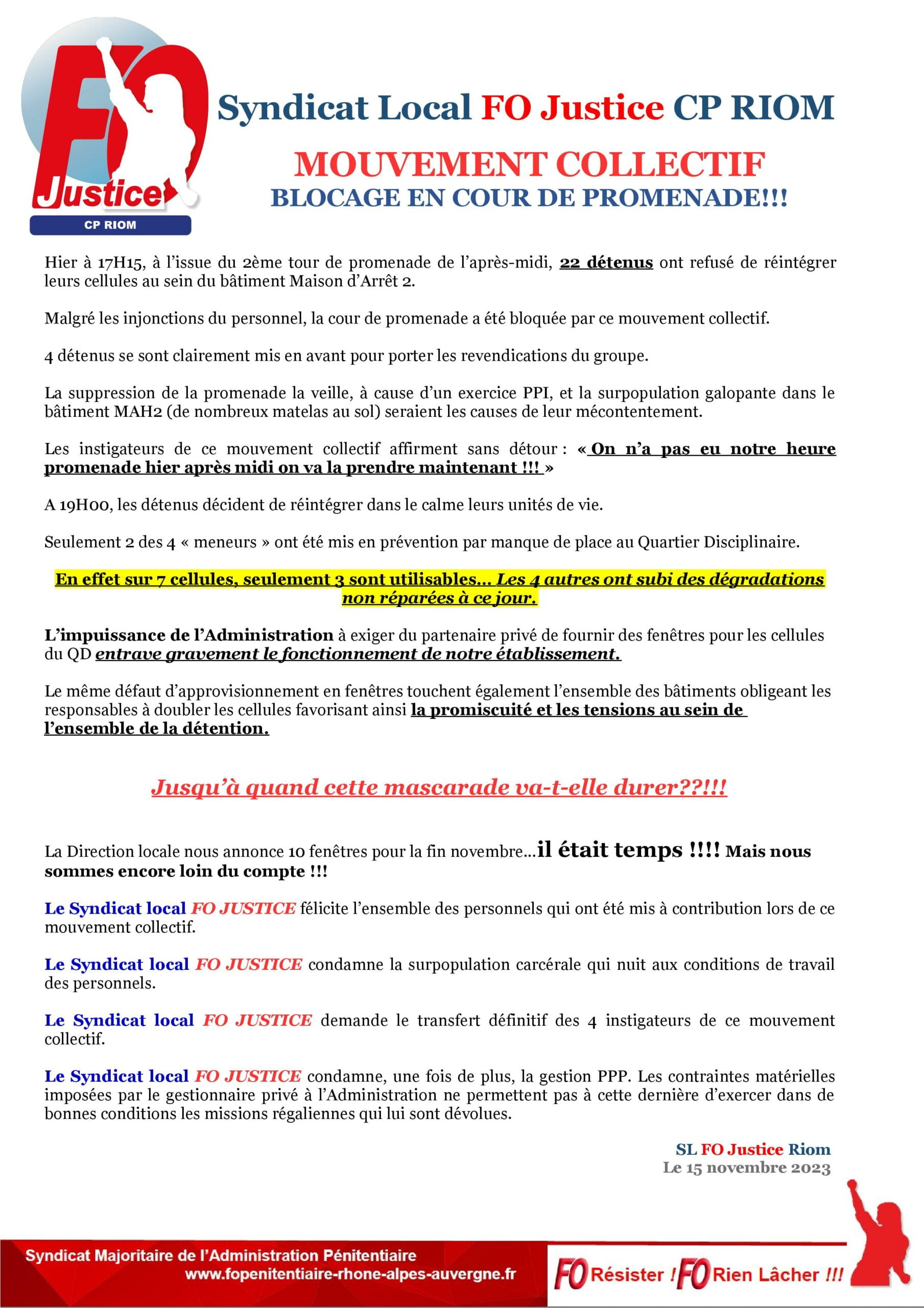 Prison de Riom : Mouvement Collectif – Blocage en cour de promenade ...
